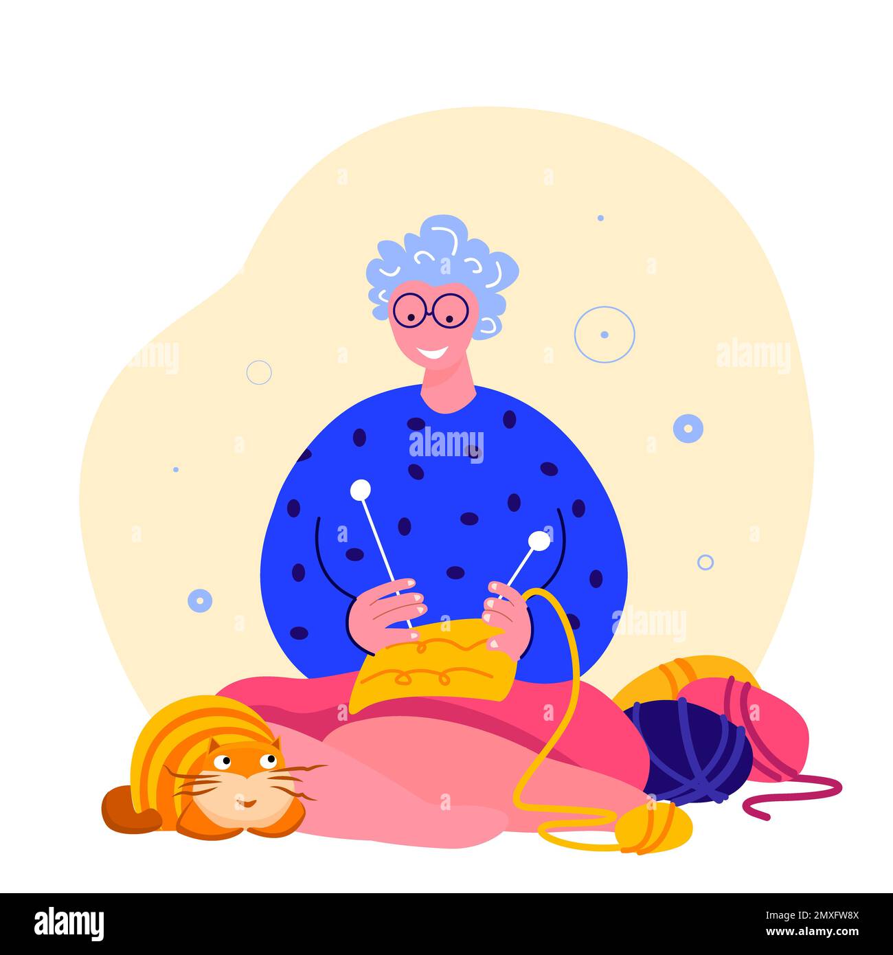 Happy Relaxed Smiling Knitting Old Aged Pensioner Woman in Cosy Home ...