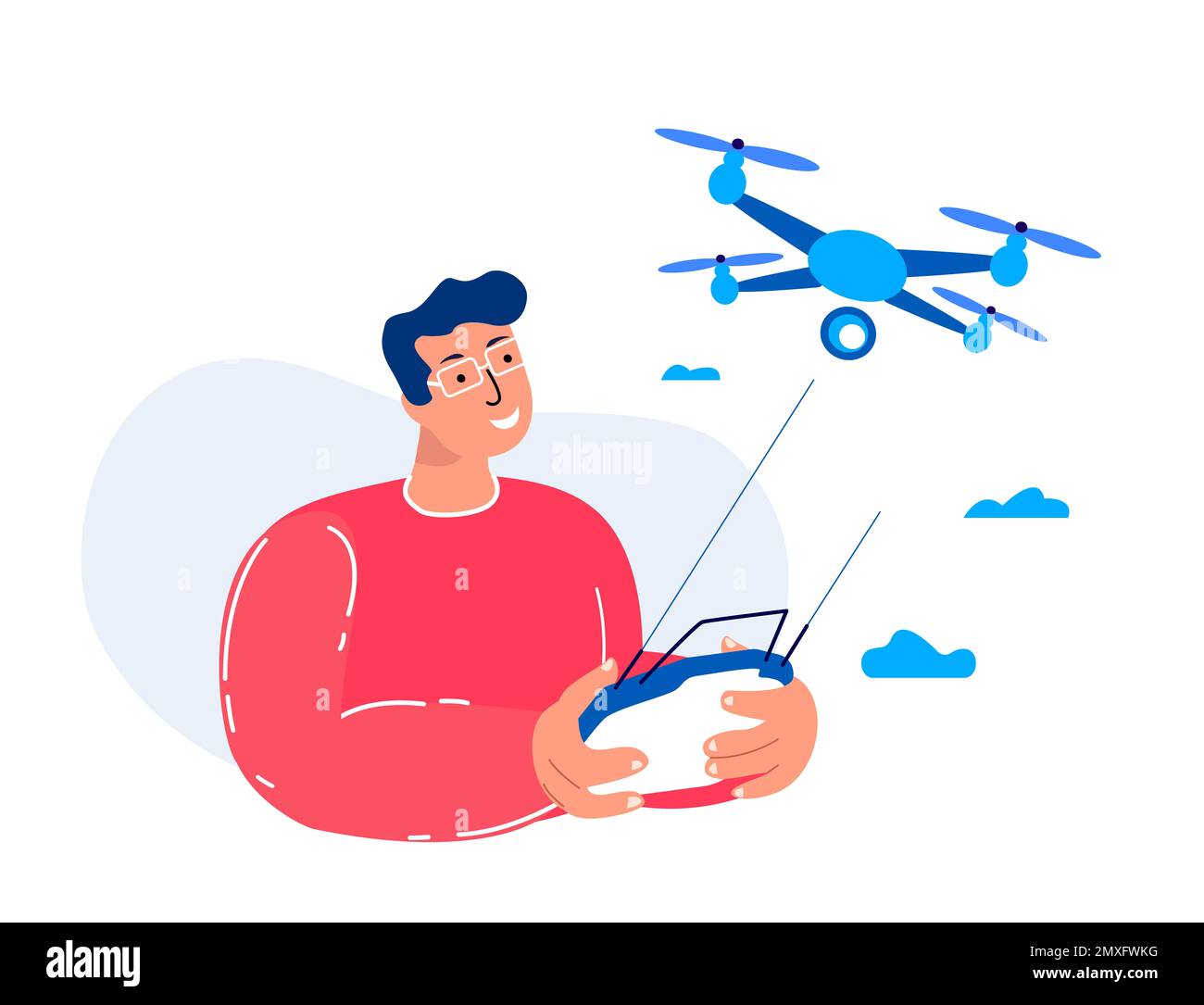 Young Man Fly Drone Equipment.Remotely Control Digital Device.Flying ...