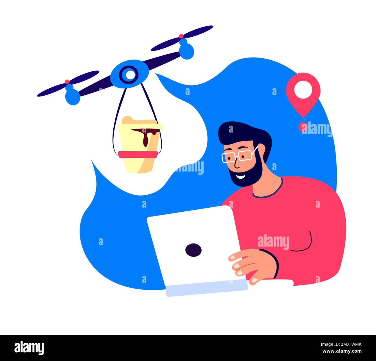 Drone Delivery. Young Freelancer Worker Ordering Coffee Online.Receive ...