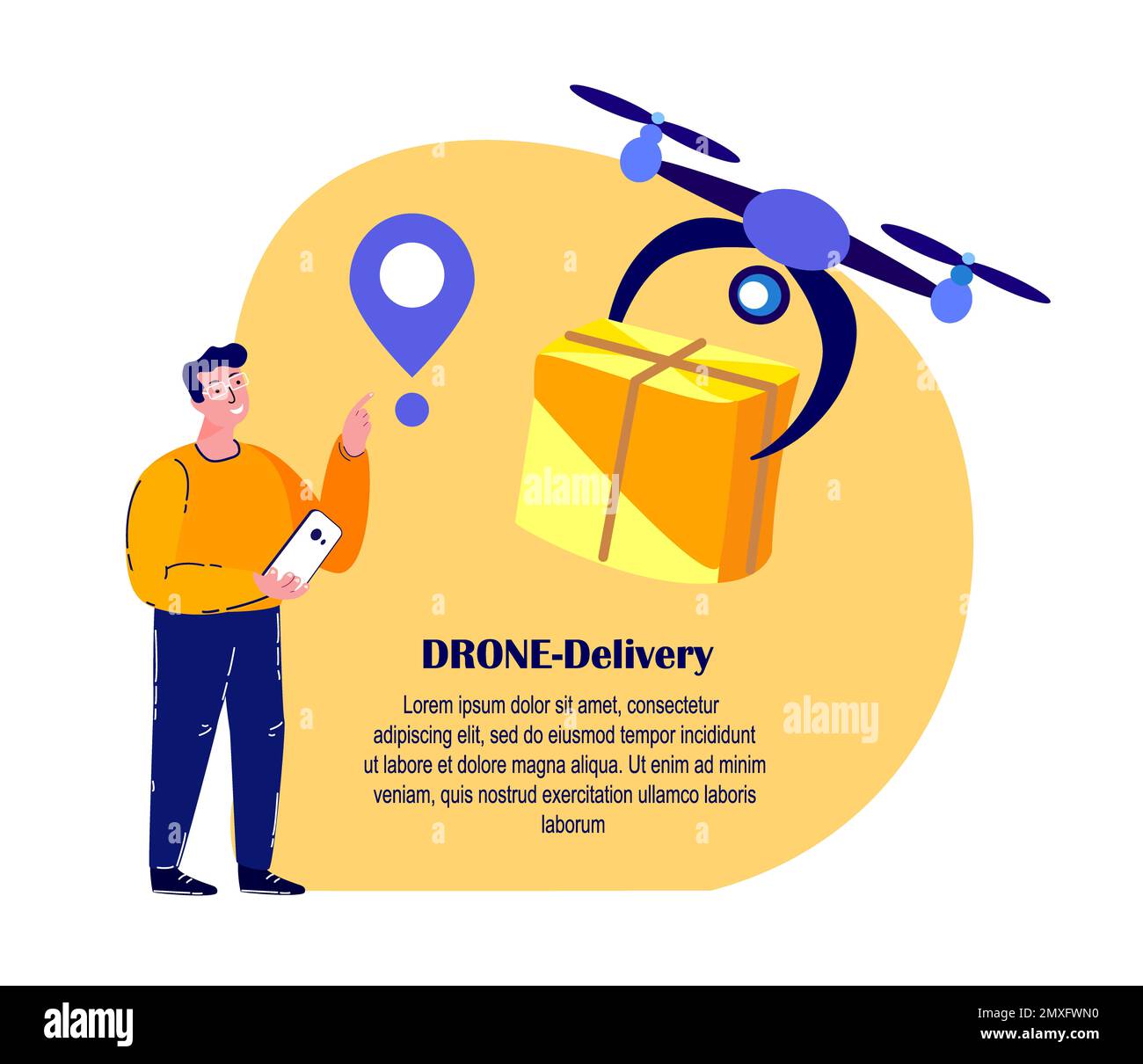 Drone Delivery.Young Smiling Happy Man Receive Contactless Delivery ...