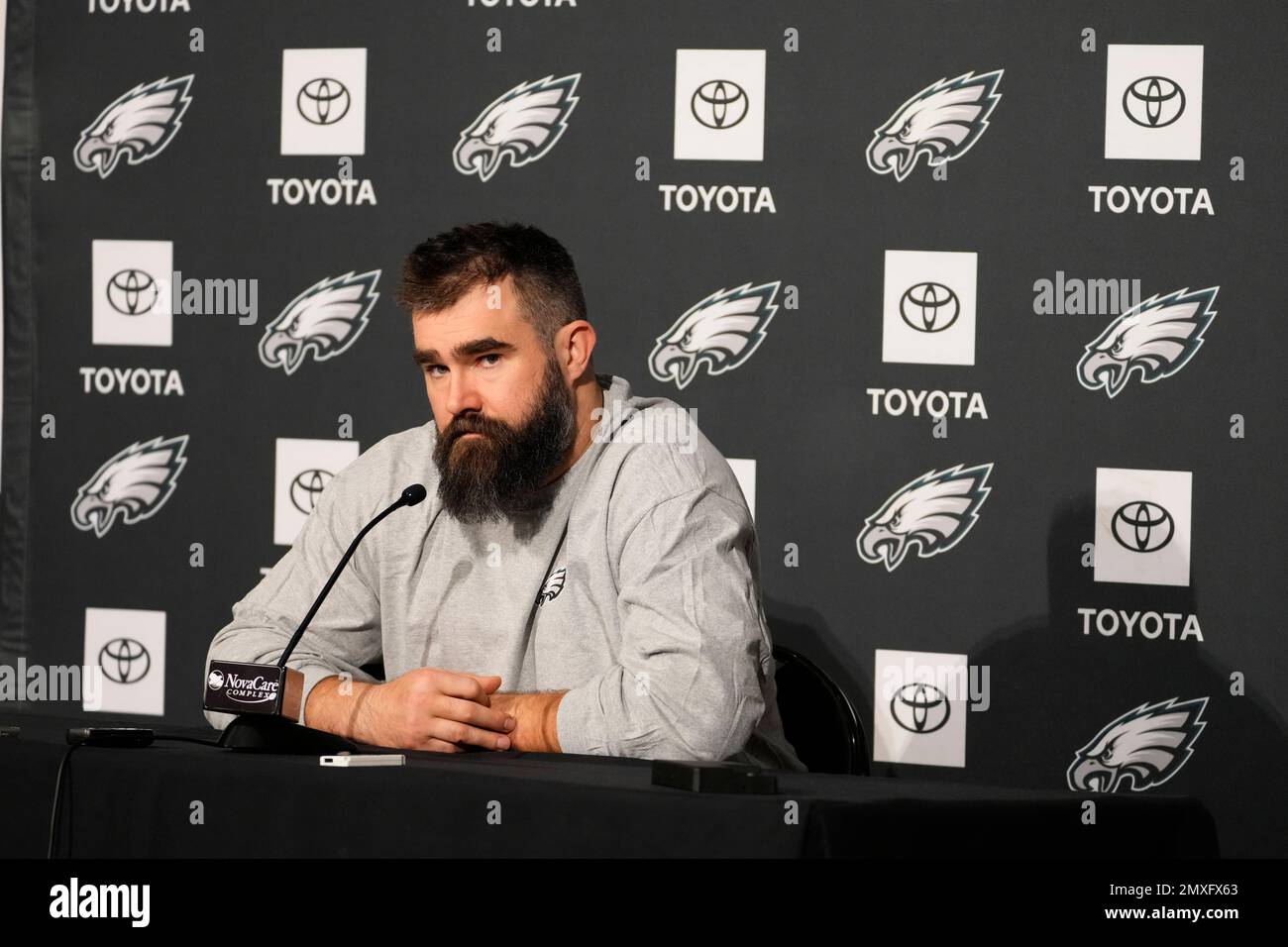 Philadelphia Eagles' Jason Kelce speaks during a news conference at the ...