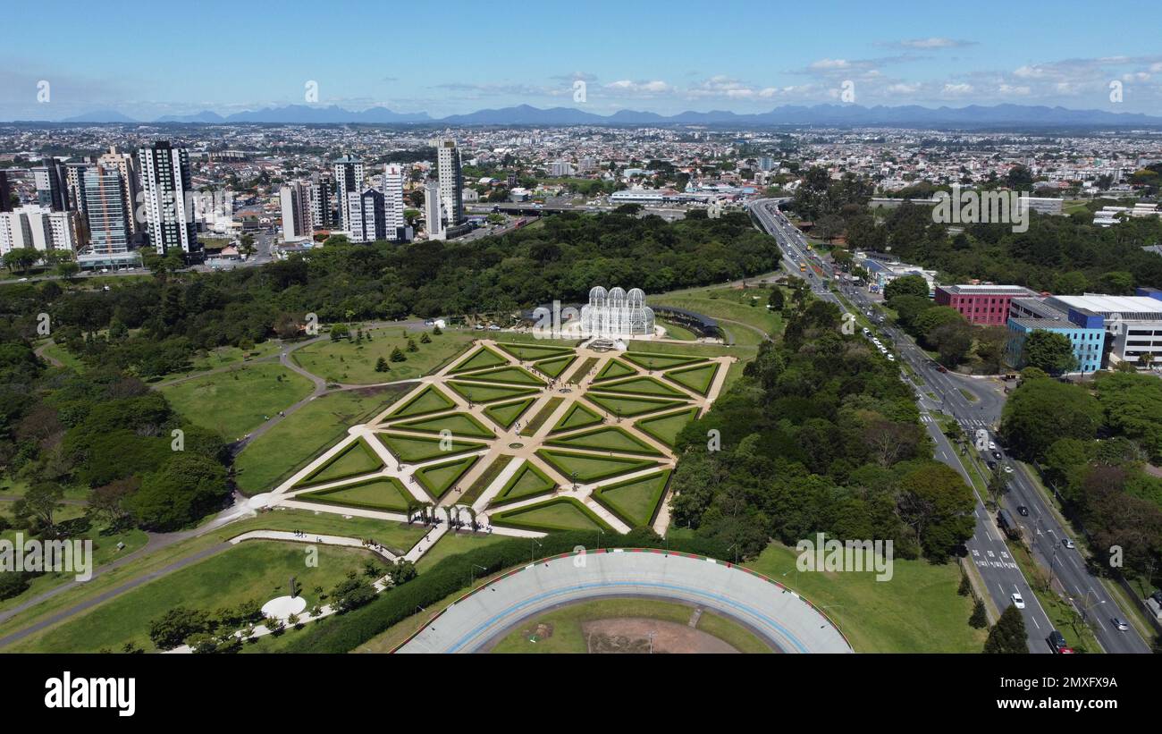 An aerial view of the Curitiba city in Brazil with lush green ...
