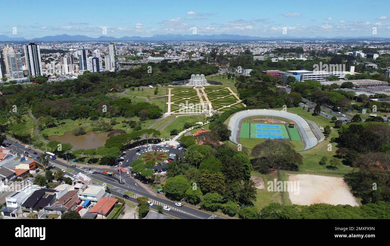 An aerial view of the Curitiba city in Brazil with lush green ...