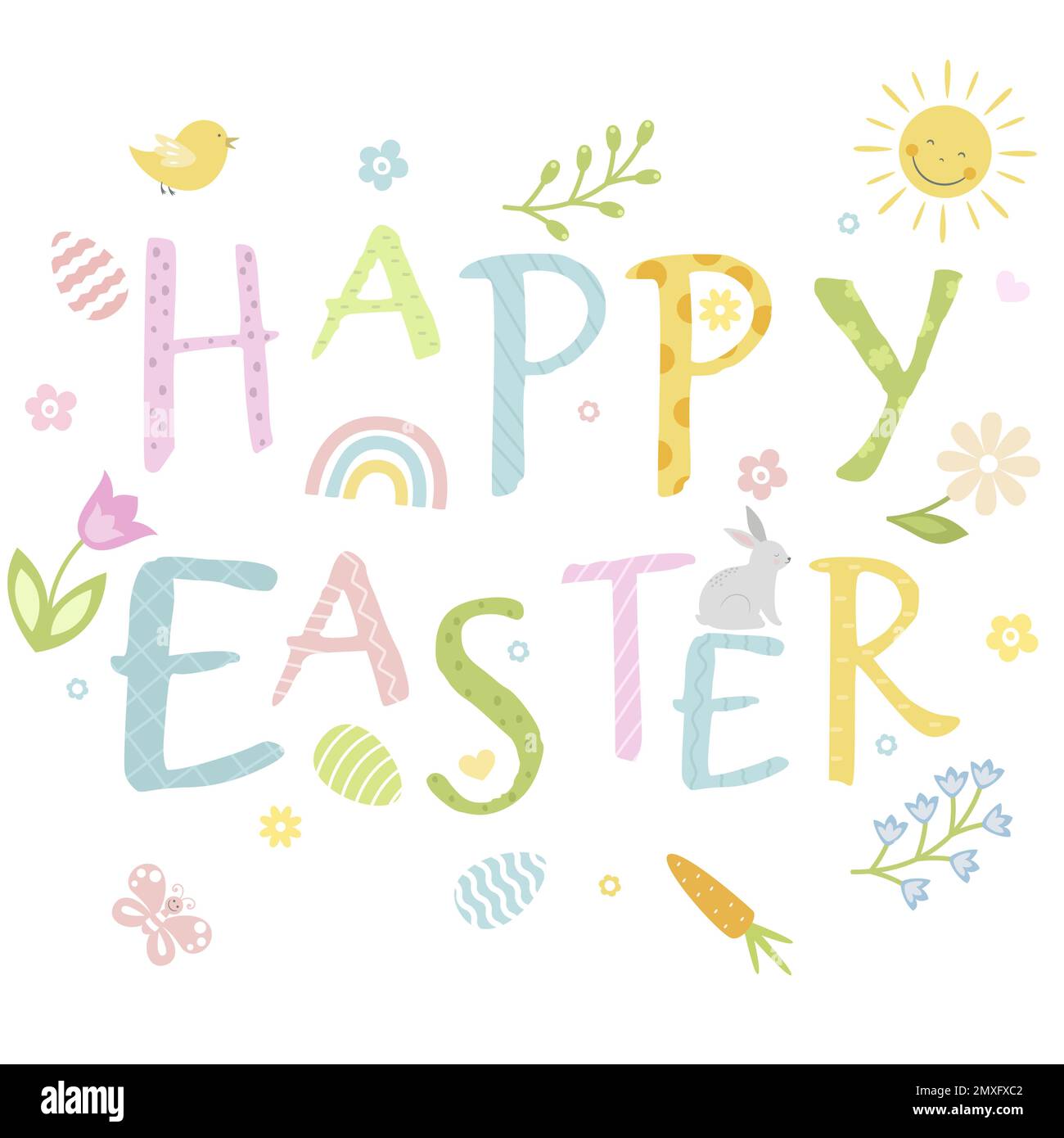 Happy Easter vector card. Hand-drawn design of Spring greeting card ...