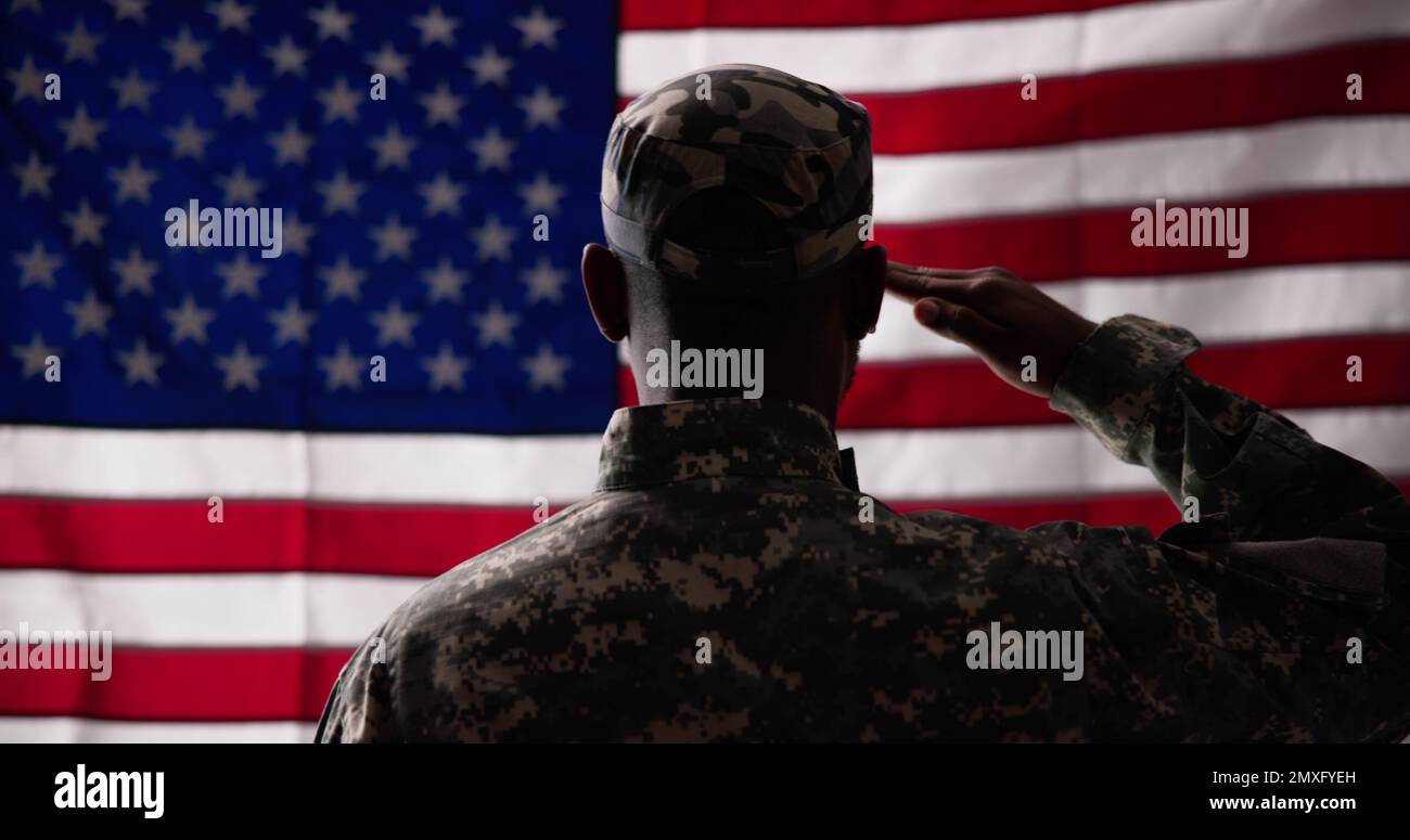 Rear View Of Military Man Saluting Us Flag Stock Photo - Alamy