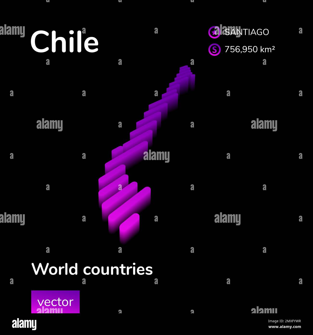 Chile 3d map. Stylized vector isometric neon map in violet colors on ...