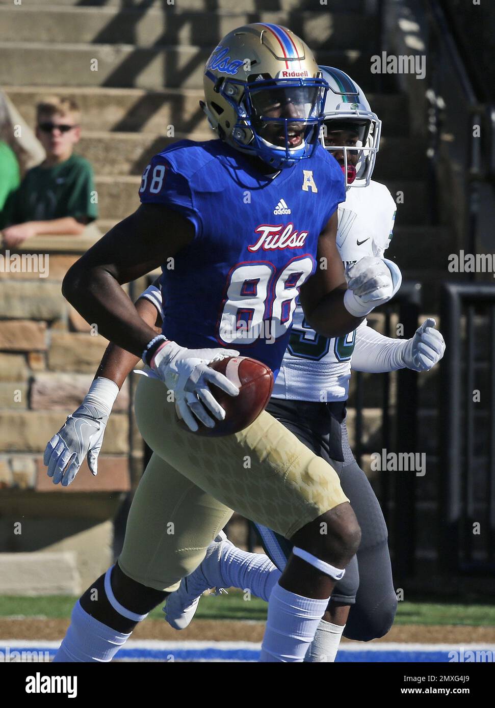 Tulsa wide receiver Josh Atkinson (88) scores during an NCAA college ...