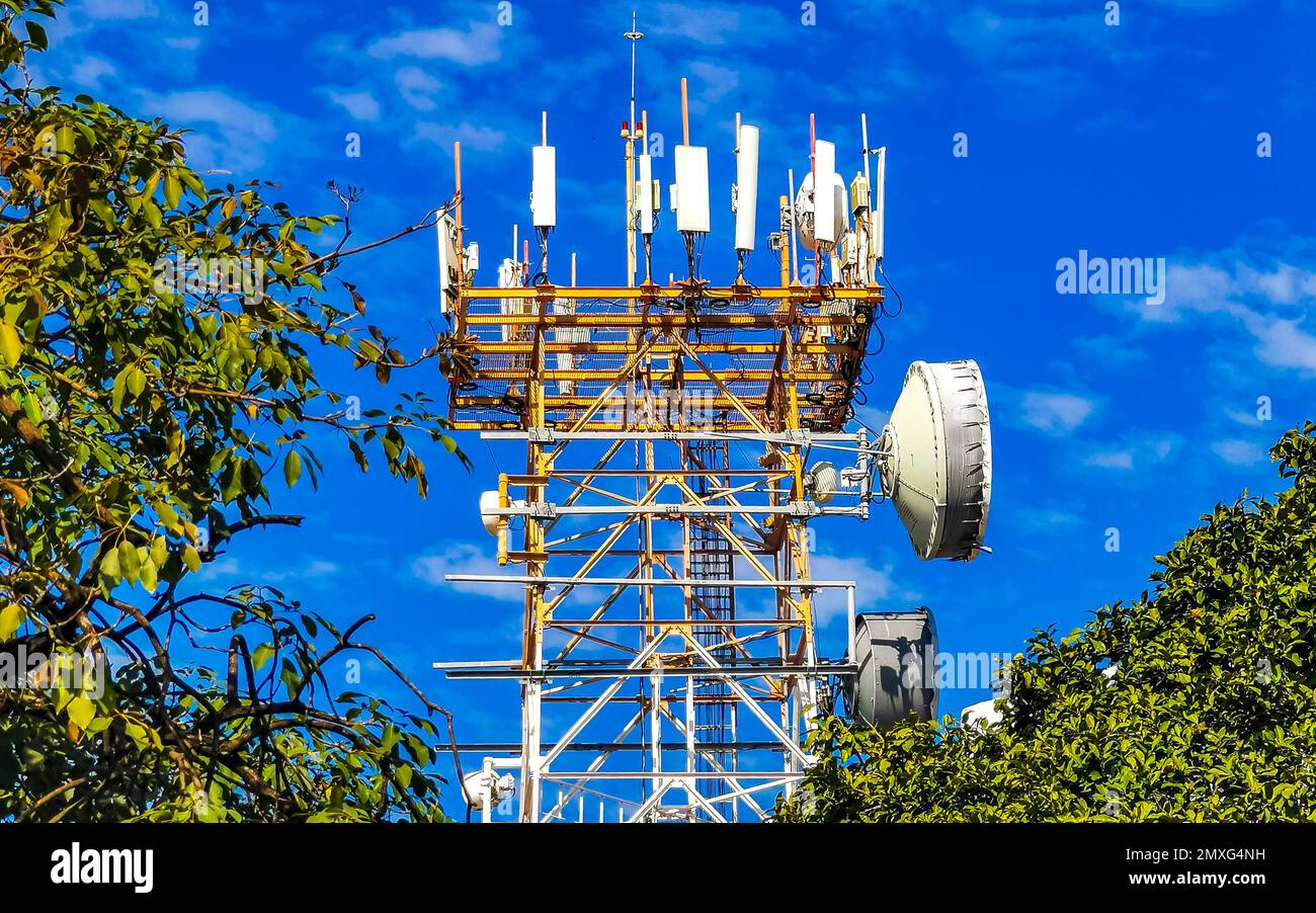 Red white 5G tower with blue sky background radiation kills us in ...