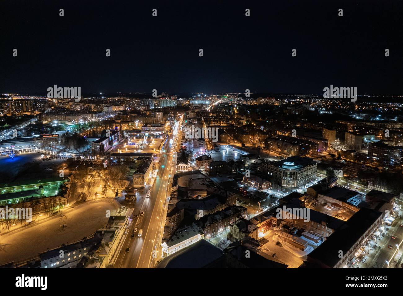 night festive city aerial view, street, lights. High quality 4k footage ...