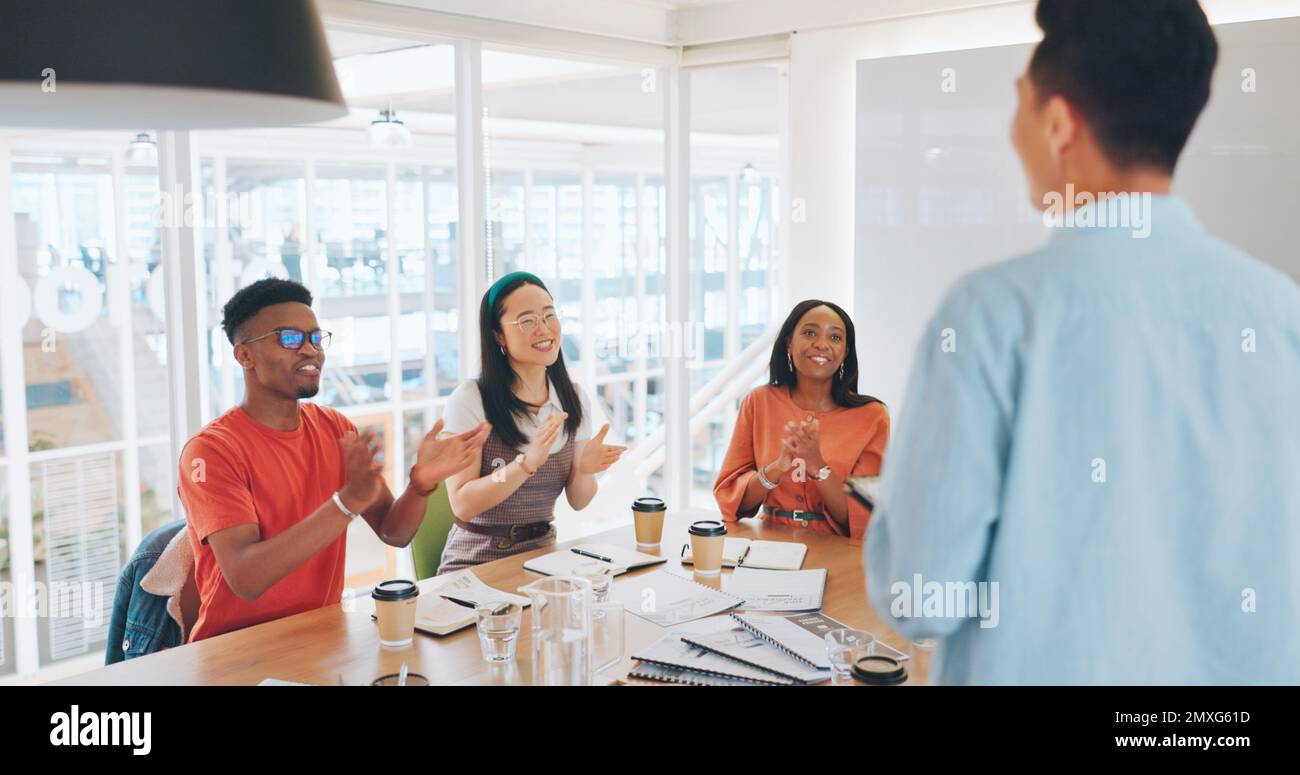Presentation, startup and business people applause in meeting for good ...