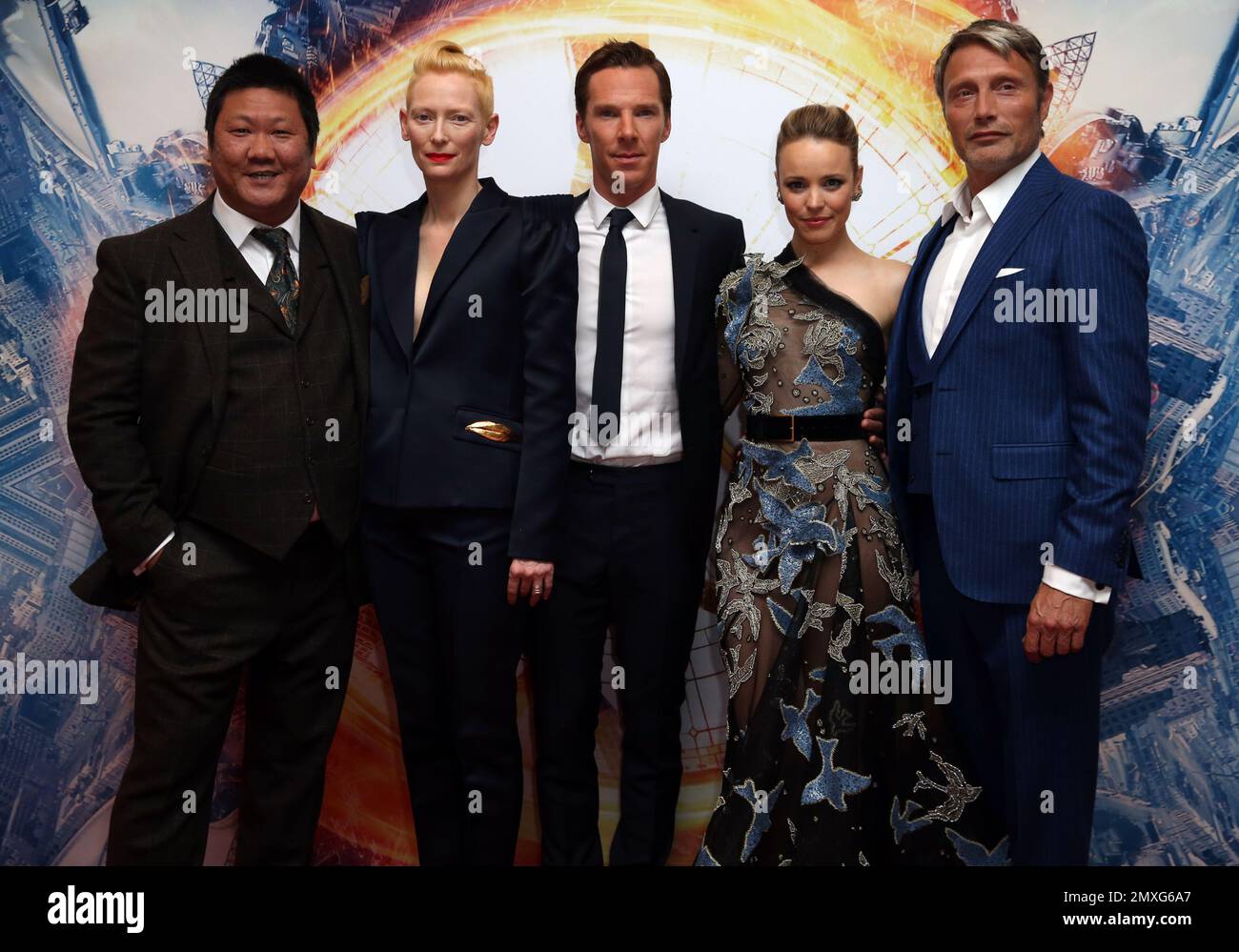 From left, actors Benedict Wong, Tilda Swinton, Benedict Cumberbatch ...