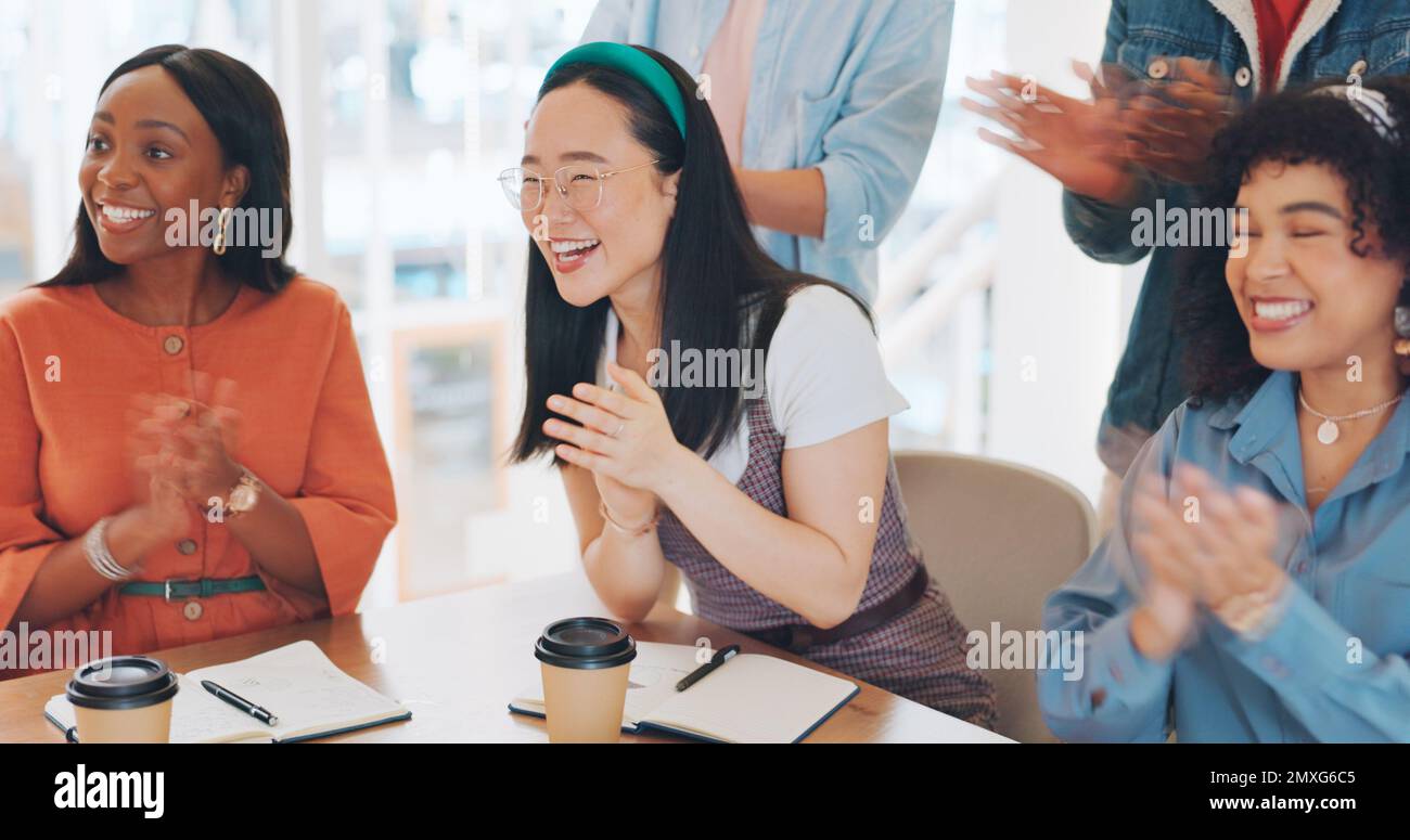 Success, applause or people in a meeting or presentation celebrate team ...