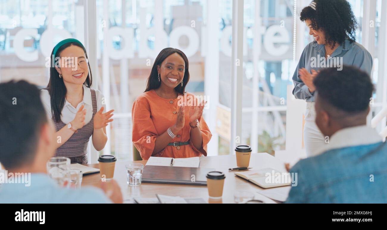 Welcome, handshake and applause with business people in meeting for ...