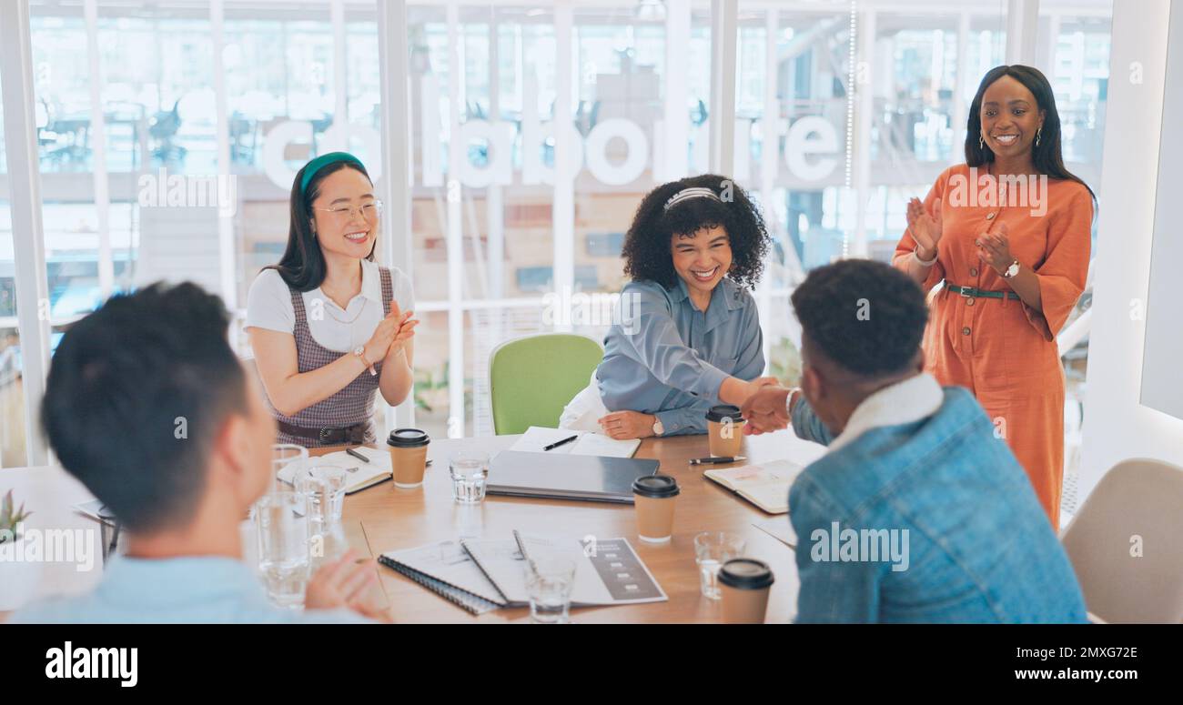 Welcome, handshake and applause with business people in meeting for ...