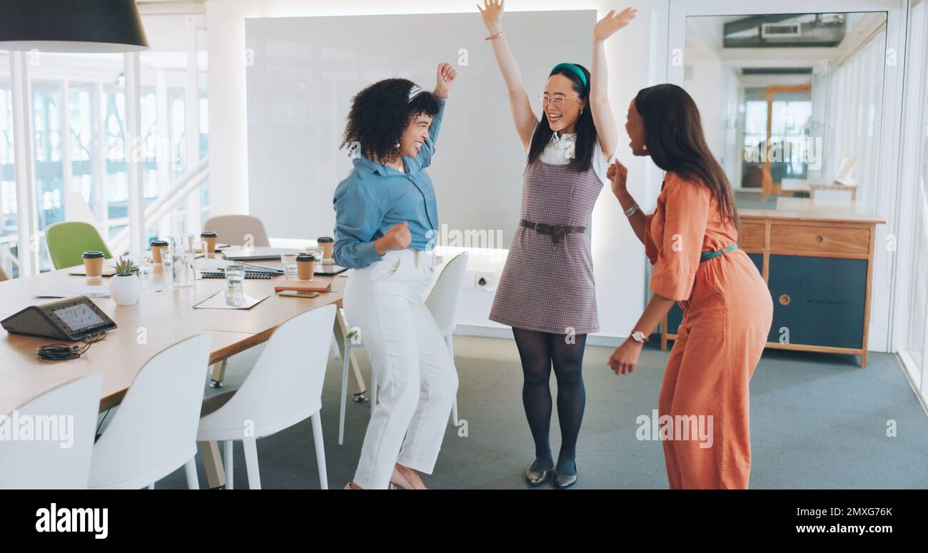 Teamwork, hands huddle and business people dance celebrating goals ...