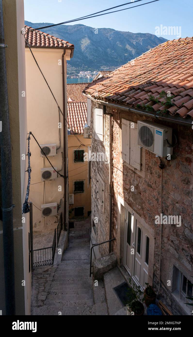 Ancient buildings in the Old Town Square Kotor, Montenegro Stock Photo ...
