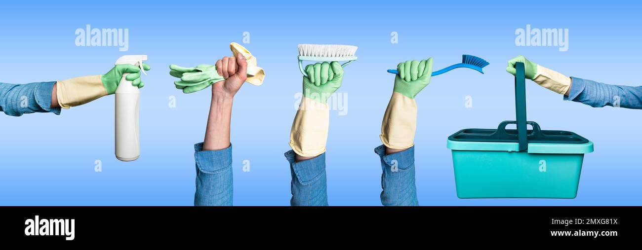 Multiple hands holding different tools for housekeeping banner. Spring ...