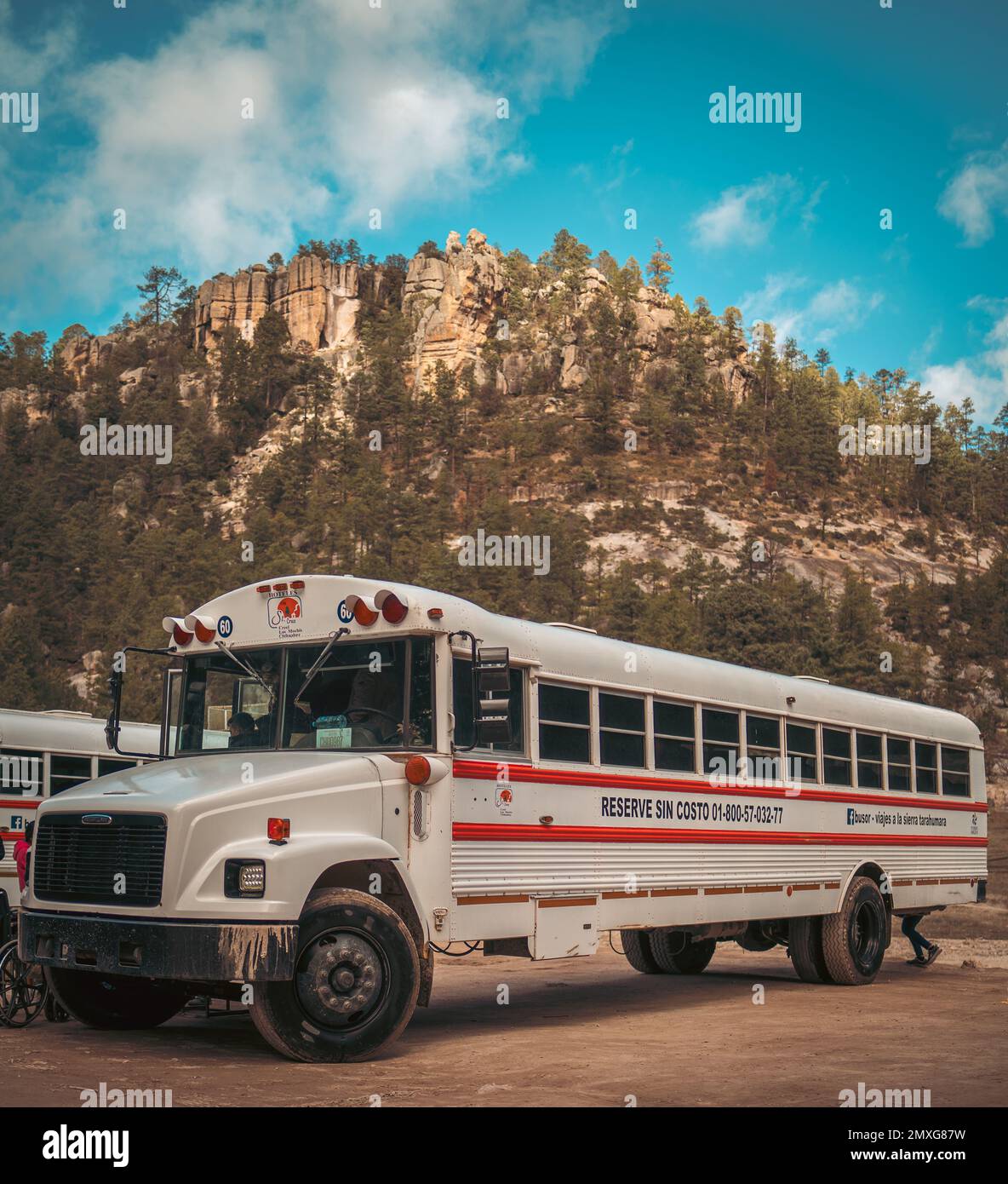 A public bus parked outdoors with big mountains covered in trees in the ...