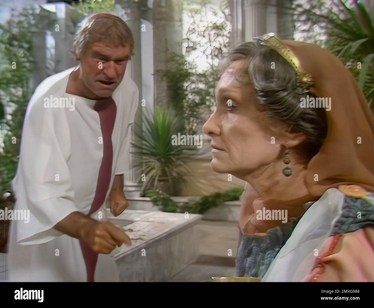 London.UK. George Baker (as Tiberius) and Sian Phillips (as Livia) in a ...