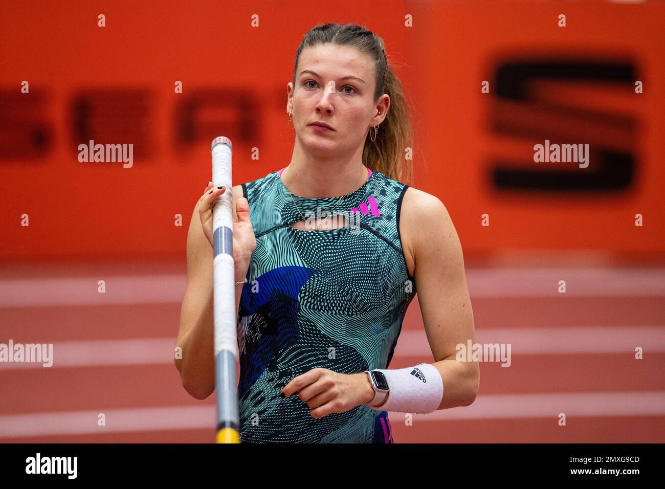 Margot Chevrier of France competes in pole vault during the Czech ...