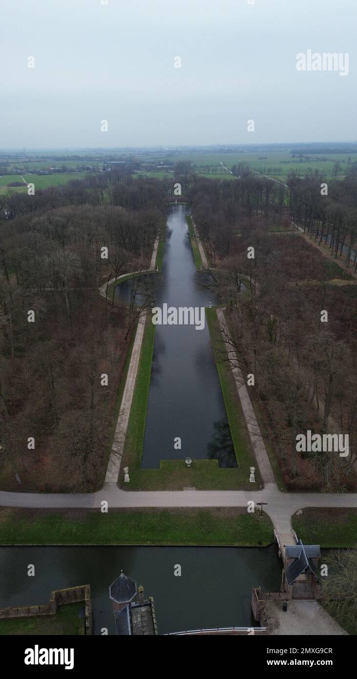 An aerial vertical shot of the Grand Canal of Versailles, France Stock ...