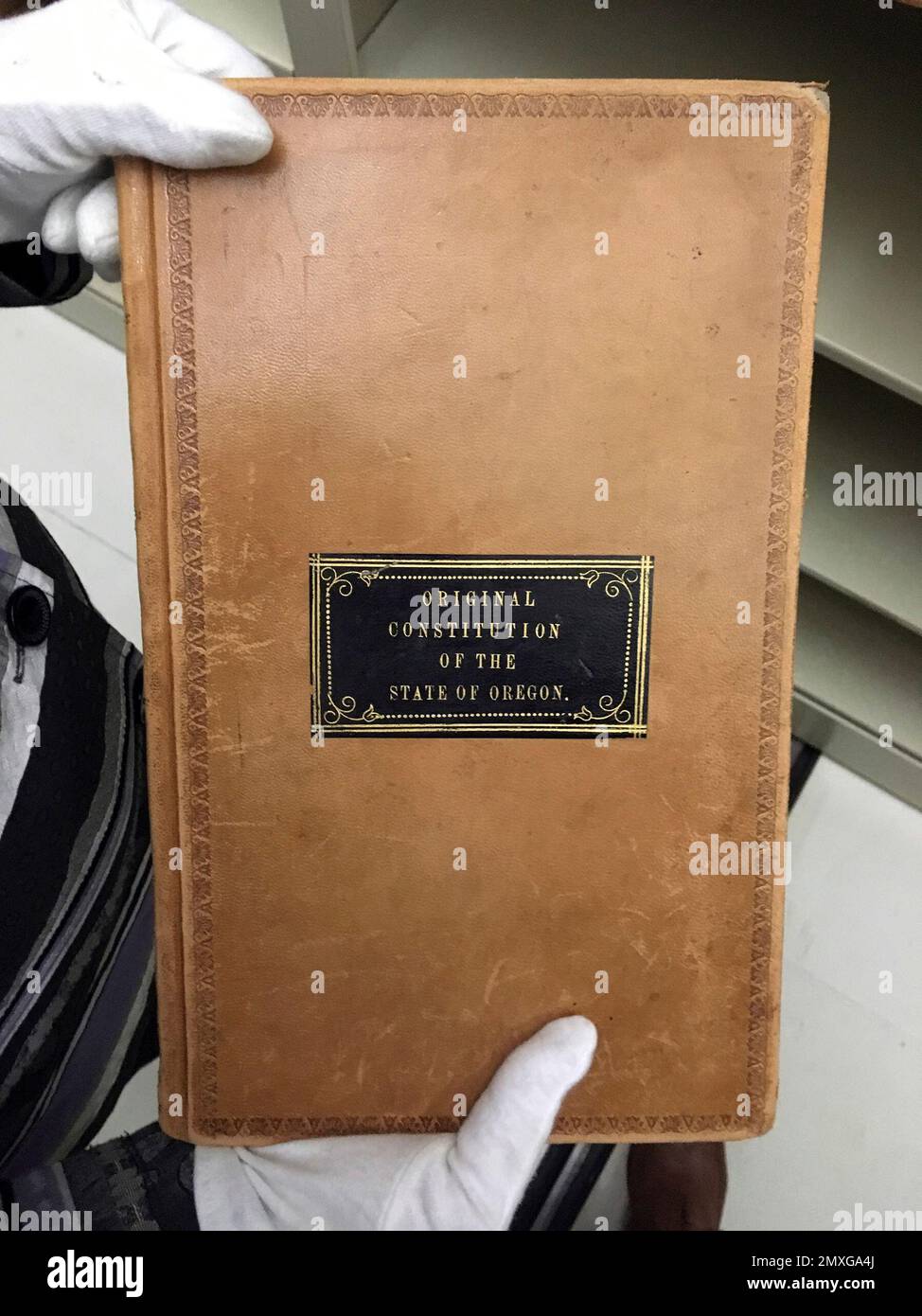 In this Oct. 10, 2016 photo, the leather cover of Oregon's original ...
