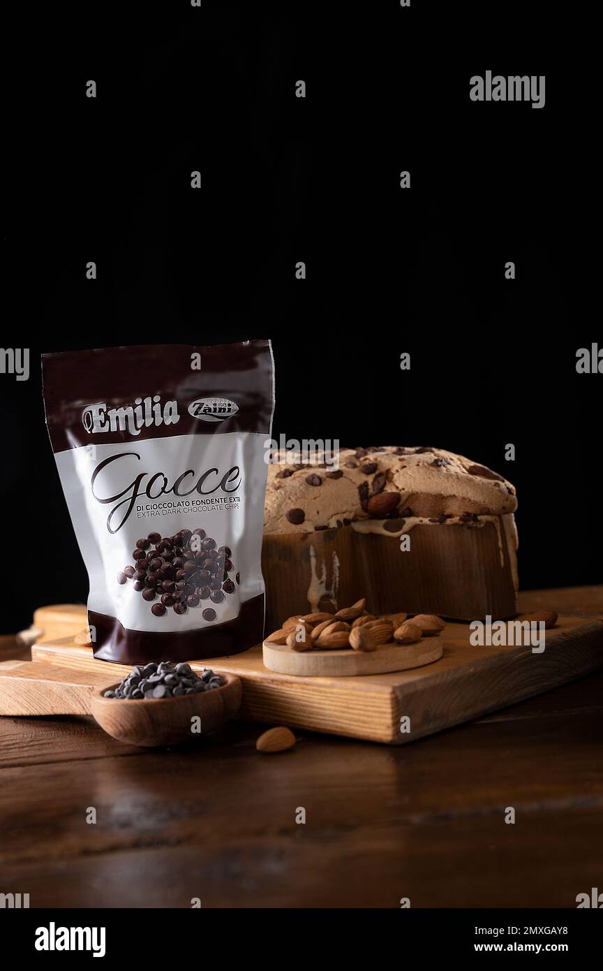 Colomba with chocolate and box of chocolate drops for bakers. Easter ...