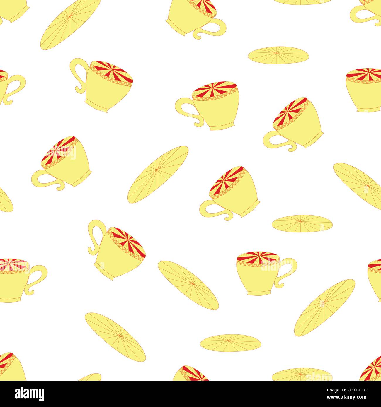 Cups and saucers bright seamless pattern. Tea, tea shop, coffee ...