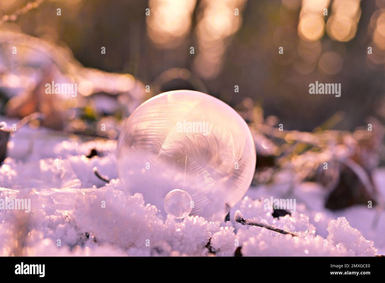 A closeup of a frozen crystal ball laying on the frosty, snow-covered ...