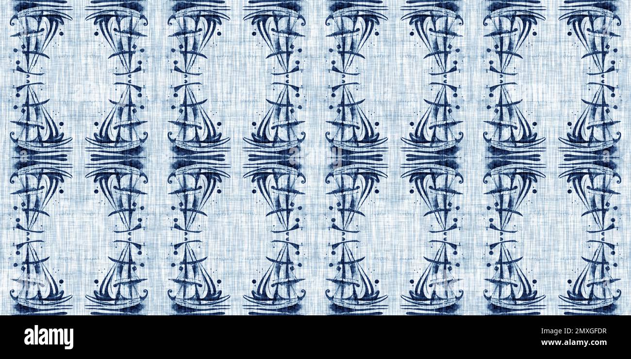 Indigo dye wash coastal damask seamless border pattern. Washed out ...