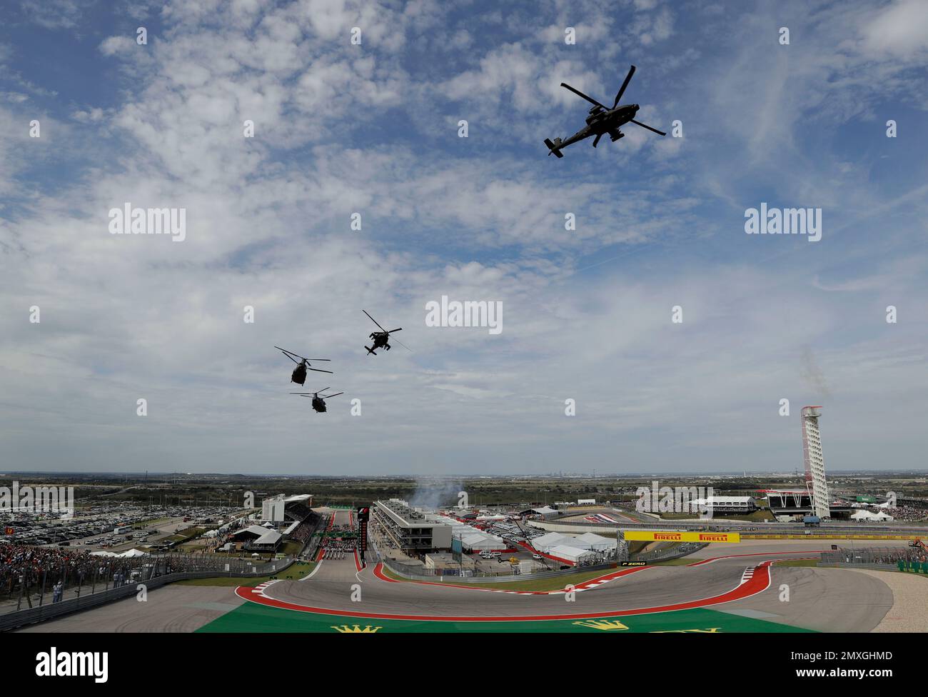 Helicopters do a flyover during the national anthem before the Formula ...