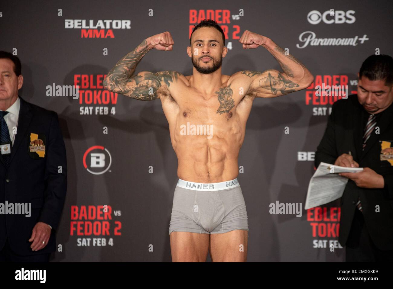 Los Angeles, California - February 3rd: Chris Gonzales weighs in at 155.6lbs ahead of his fight ...