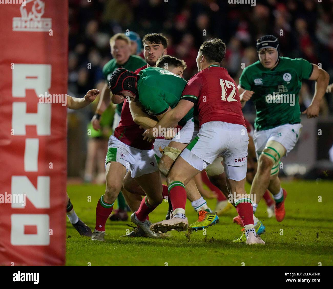 Brian Gleeson #8 of Ireland U20's drives at the Wales line during the ...