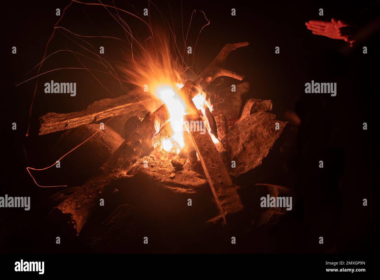 The girl's palms are warmed by the red flame of a fire at night in ...