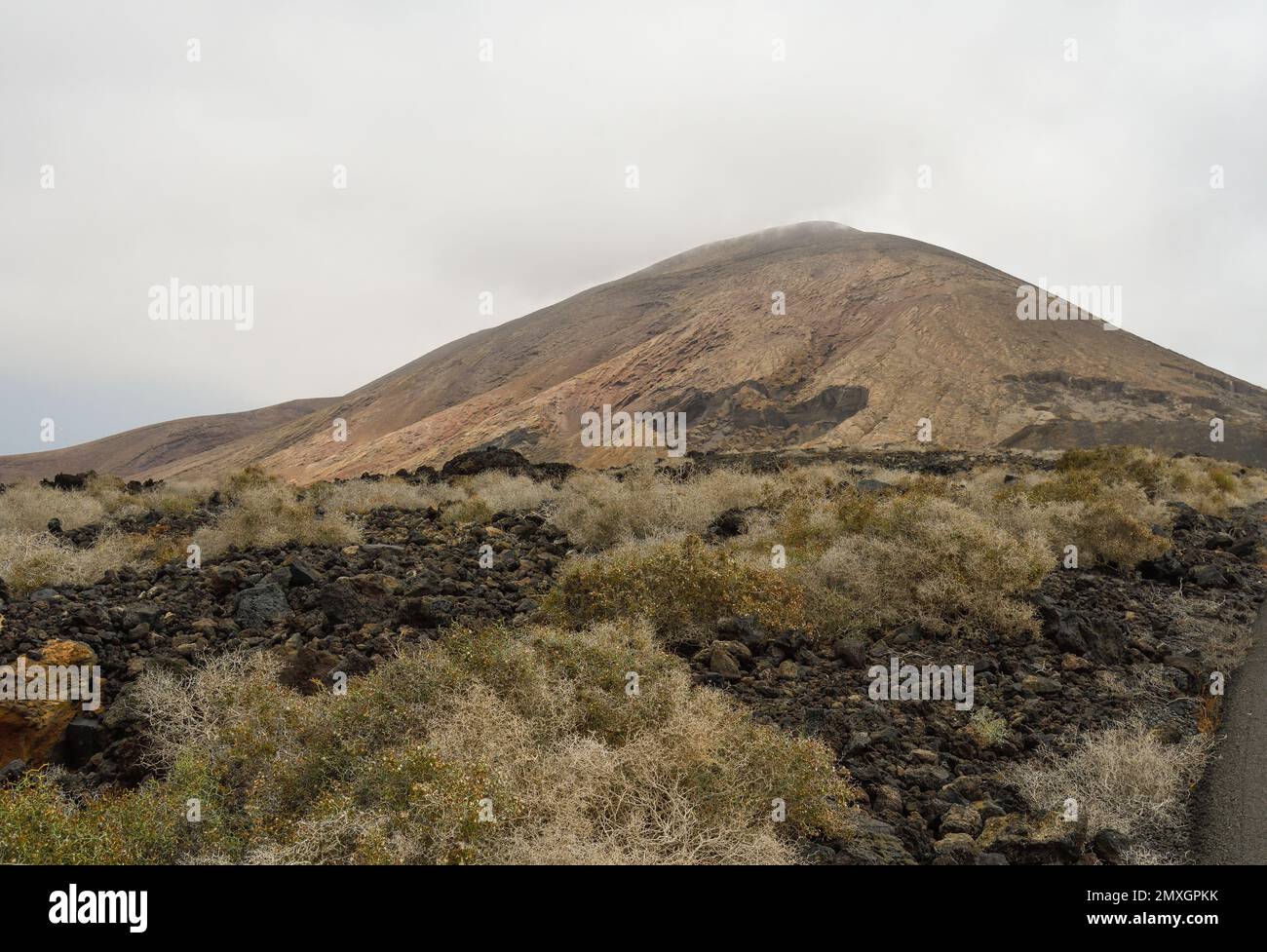 Old volcanic cone surrounded by lava in Lanzarote Stock Photo - Alamy