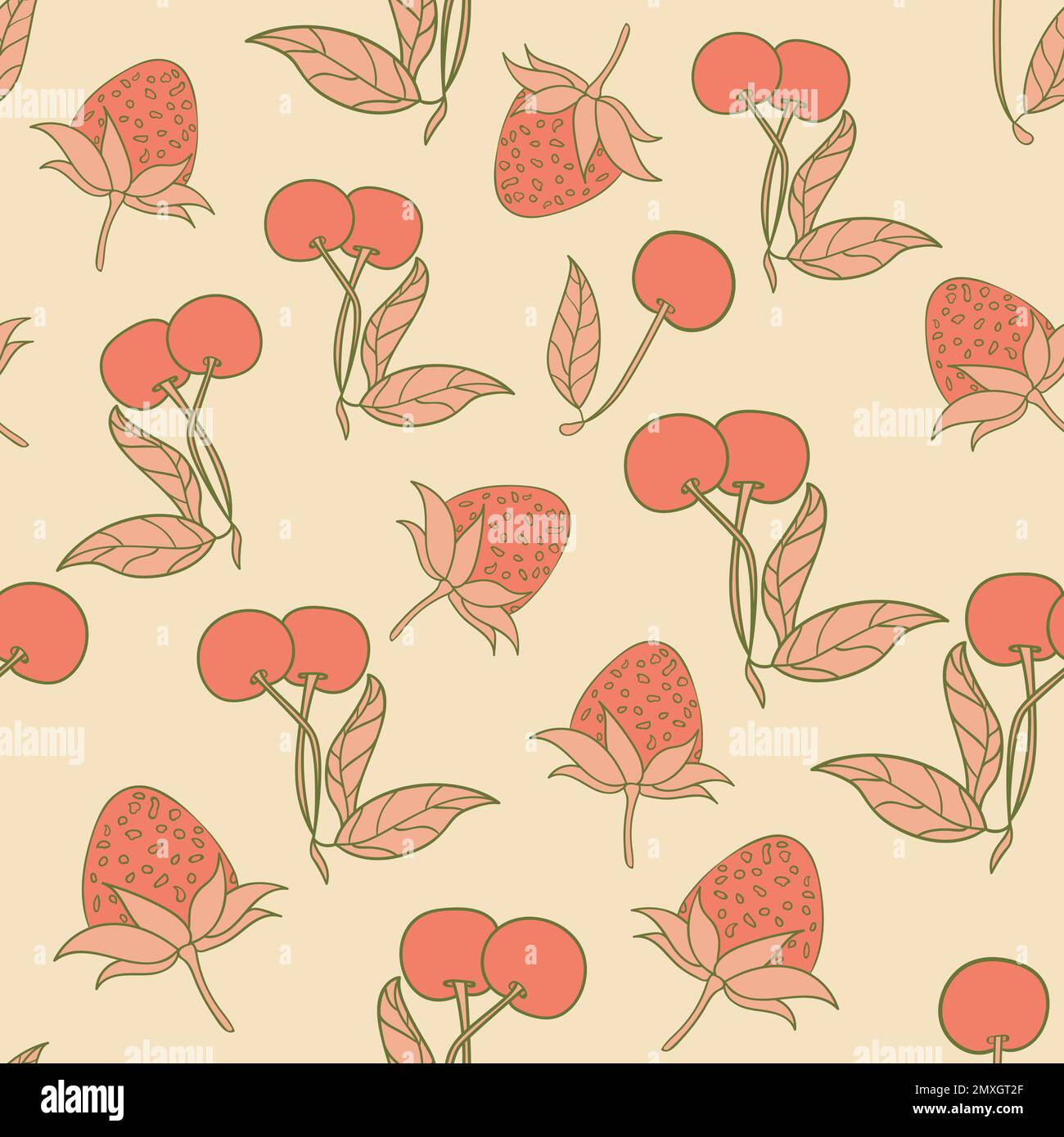 Strawberries and cherries seamless pattern design. Beautiful tropical ...