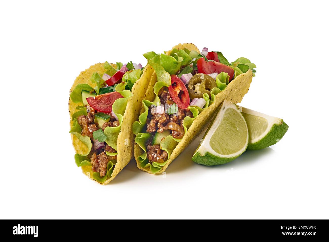 Two tacos with ground beef and lime on white background Stock Photo - Alamy