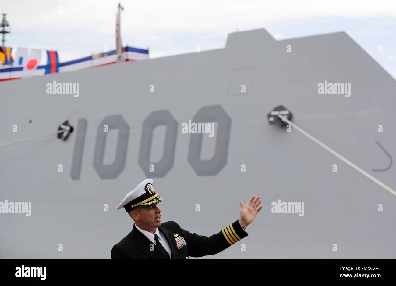 Capt. James Kirk, commanding officer of the future USS Zumwalt, speaks ...