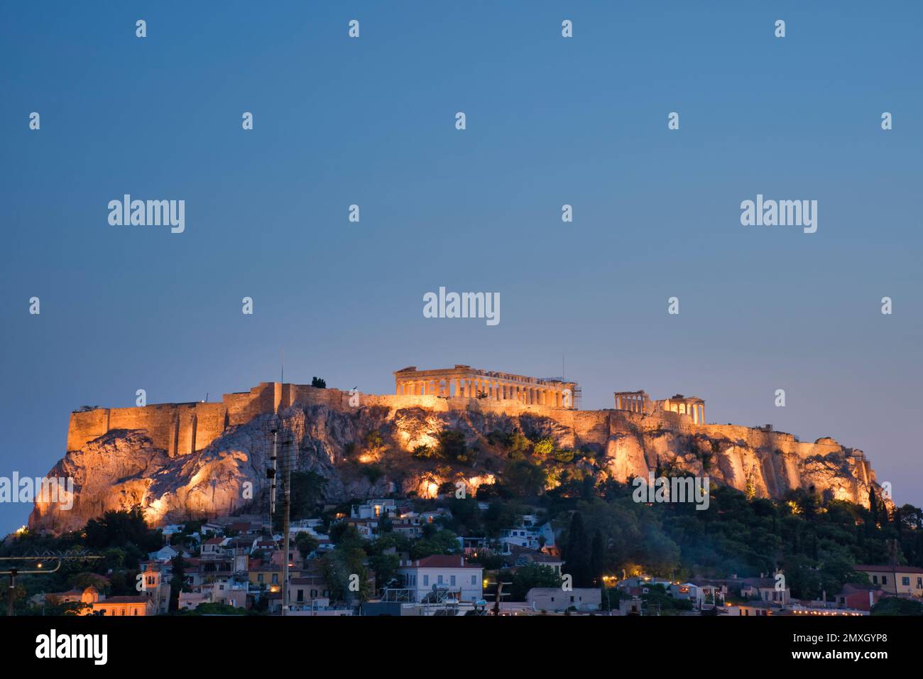 A scenic view of the Acropolis of Athens citadel on a rocky outcrop ...