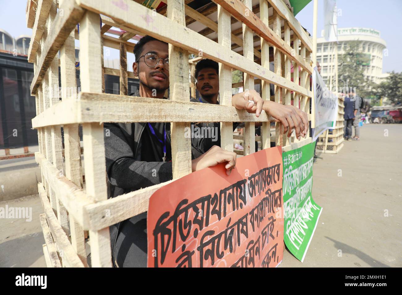 Dhaka, Bangladesh. 3rd Feb, 2023. Sitting inside wooden cages and hands ...
