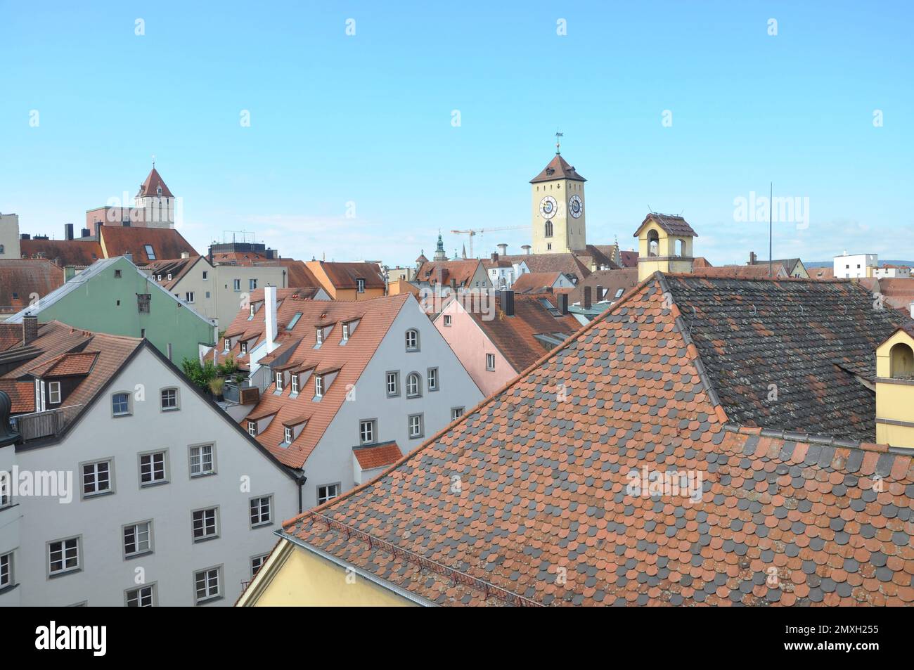 Panoramic view over red roofs of bavarian city Regensburg, Germany ...