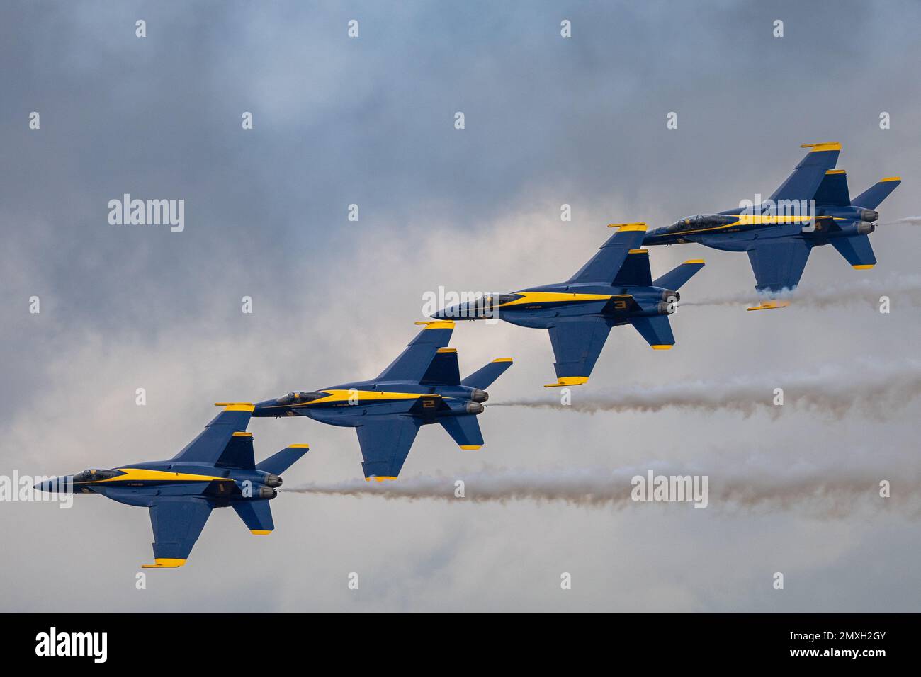 An aerial shot of the Blue Angels performing an air show before the ...