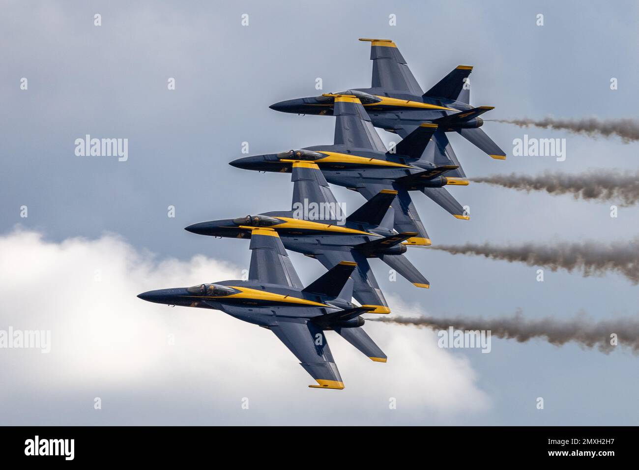 An aerial shot of the Blue Angels formation performing an air show ...