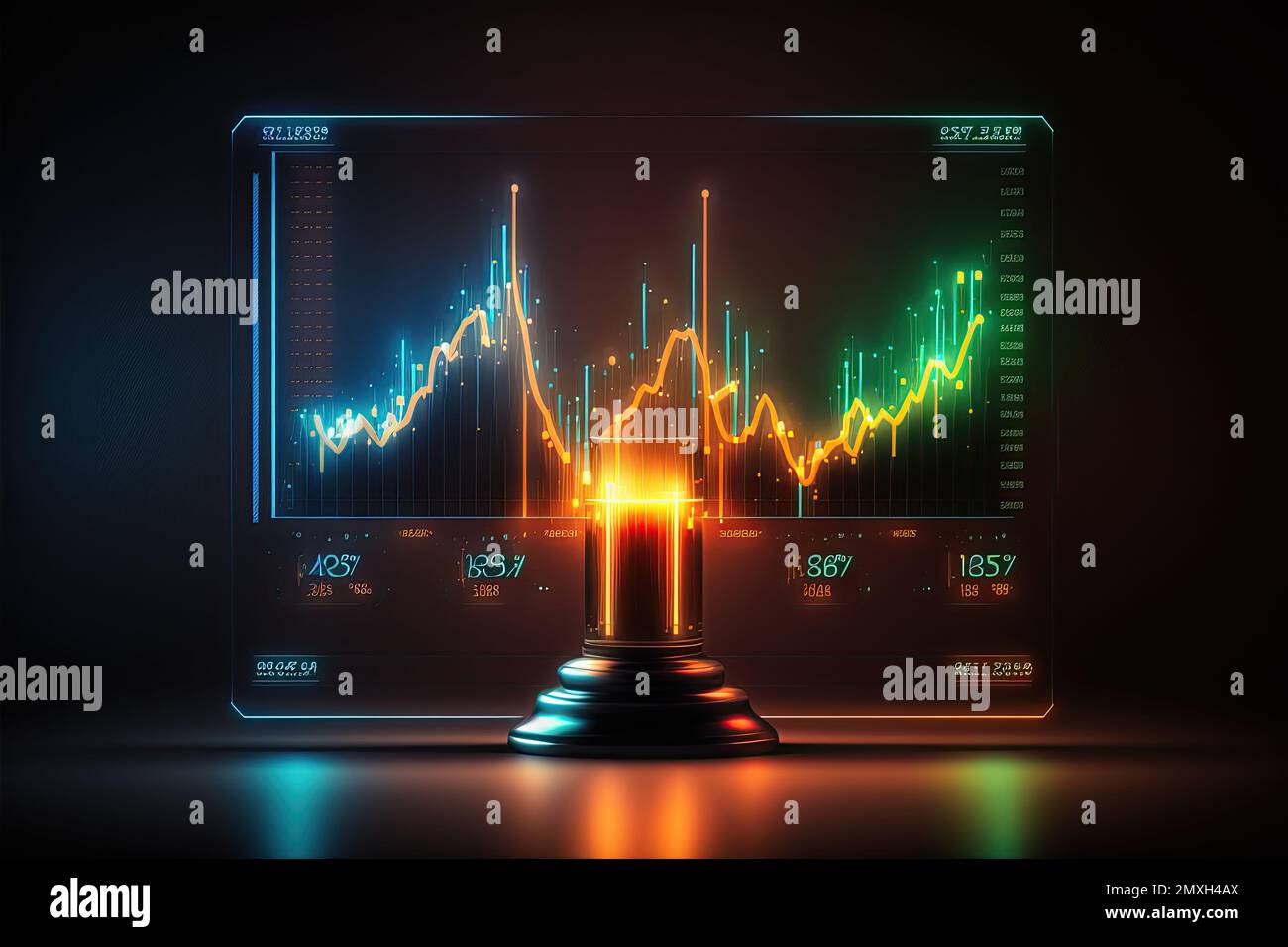 black display showcasing stock charts of candlesticks, which is a ...
