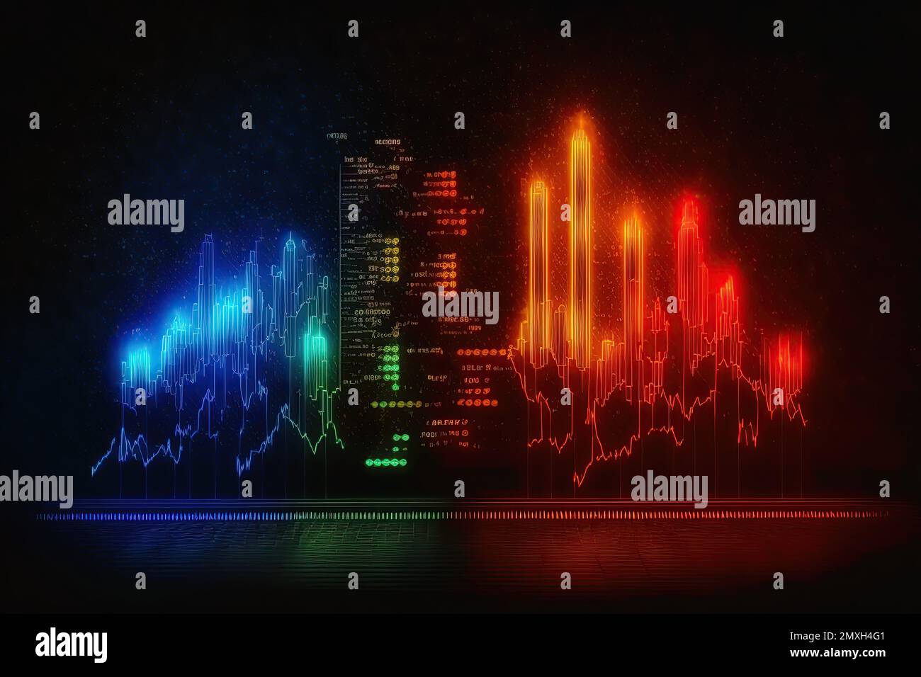 A dark background displaying stock charts of candles. This is a concept ...