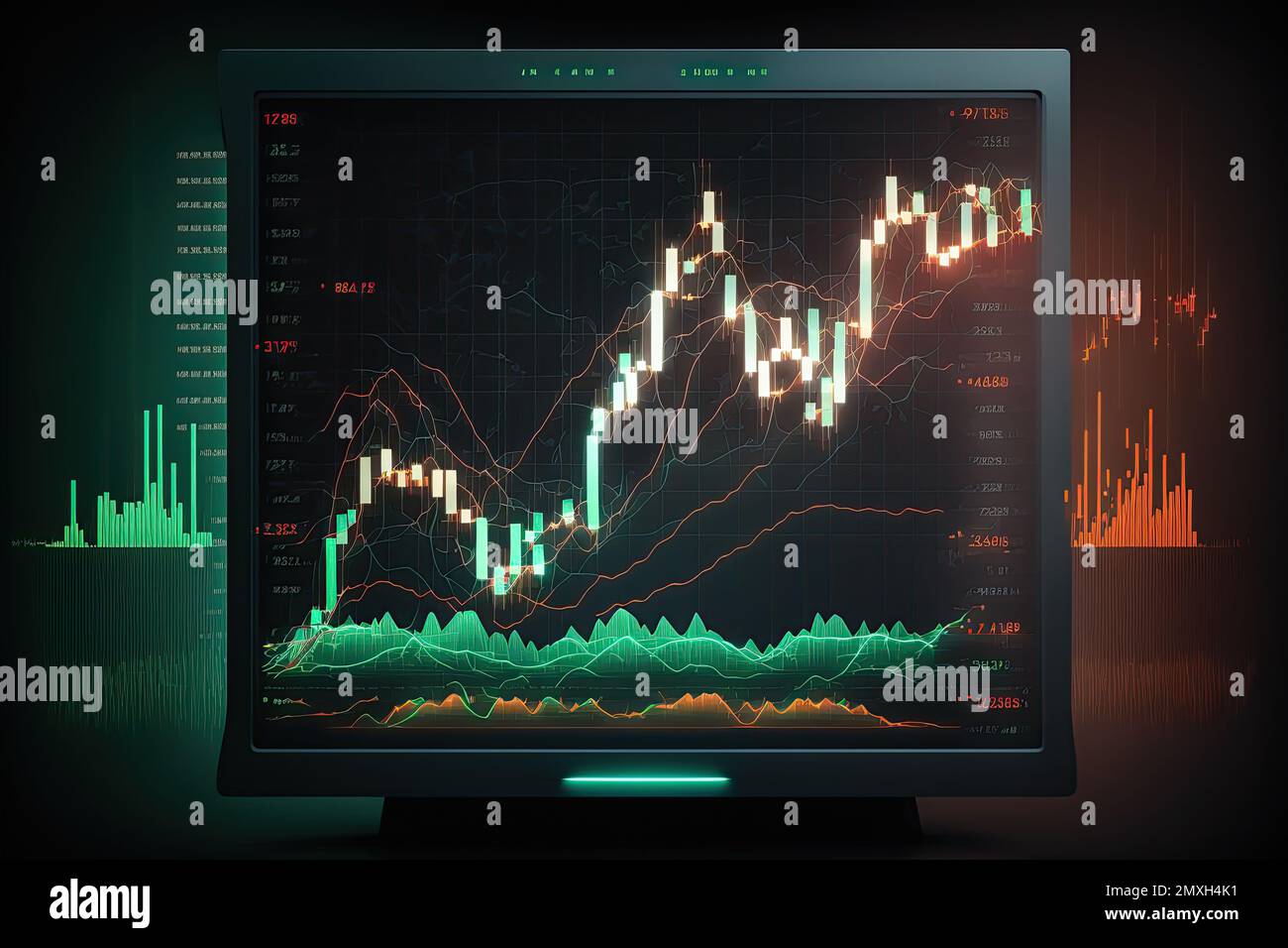 A black screen displaying candlestick stock charts. Trading and depicting financial market ...
