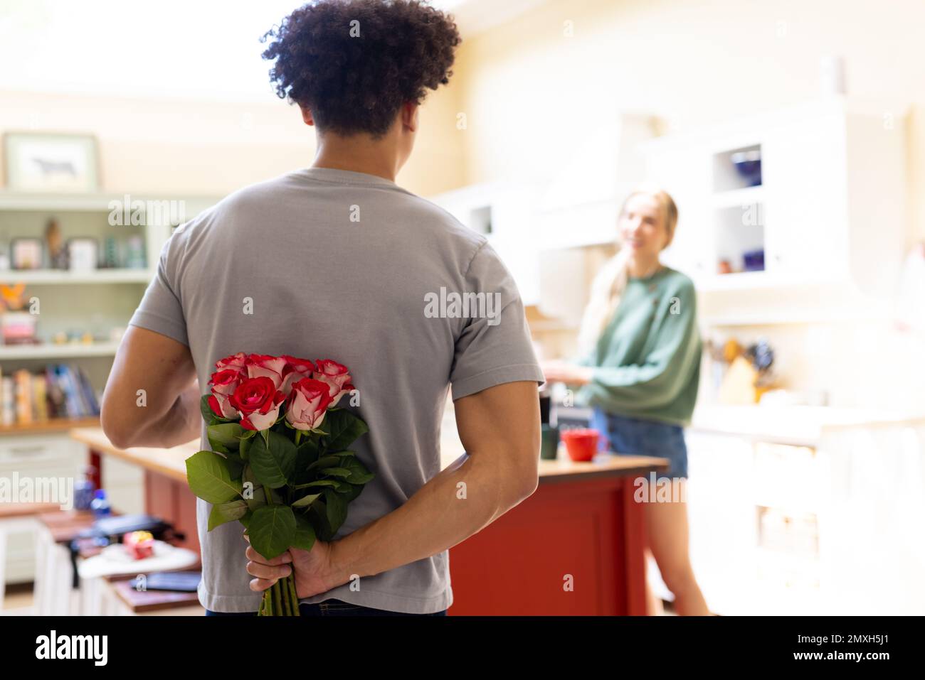 Rear view of biracial young man hiding red roses behind back while ...