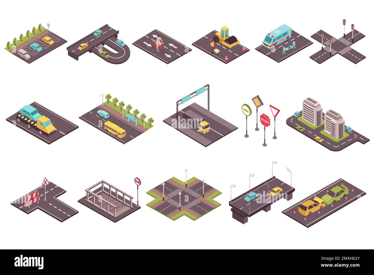 Round composition of road isometric constructor elements with barriers ...