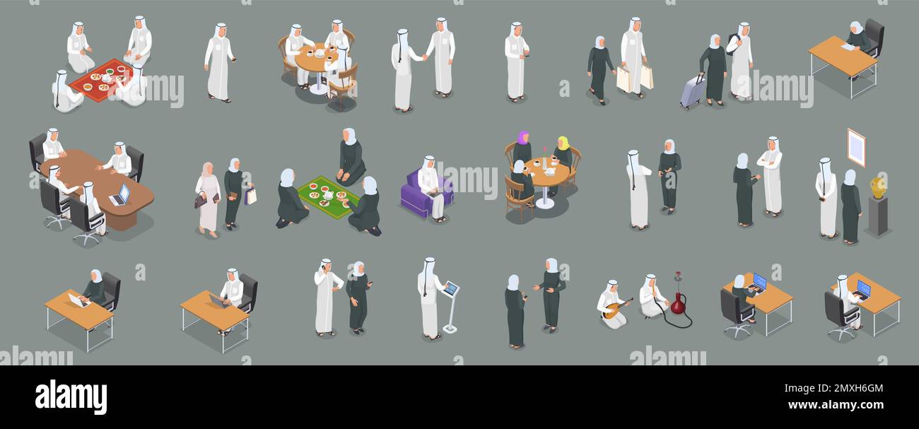 Isometric icons set with arab people working talking on phone having dinner relaxing 3d isolated ...