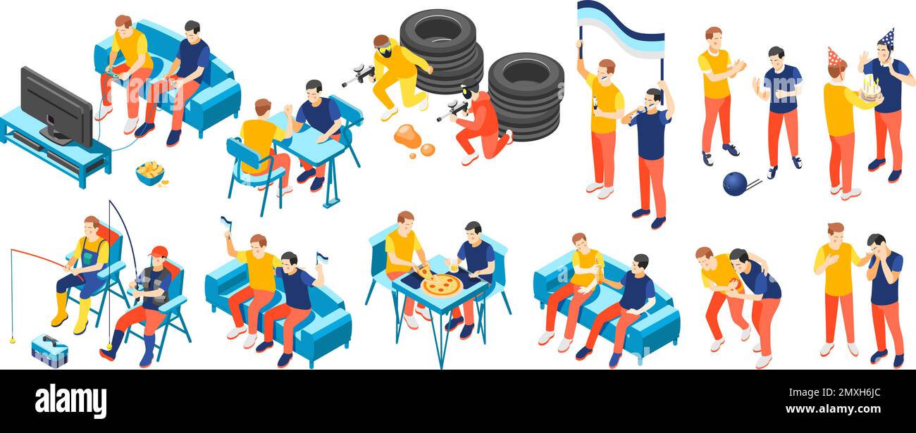 Male friendship isometric icons set with two men fishing playing eating ...